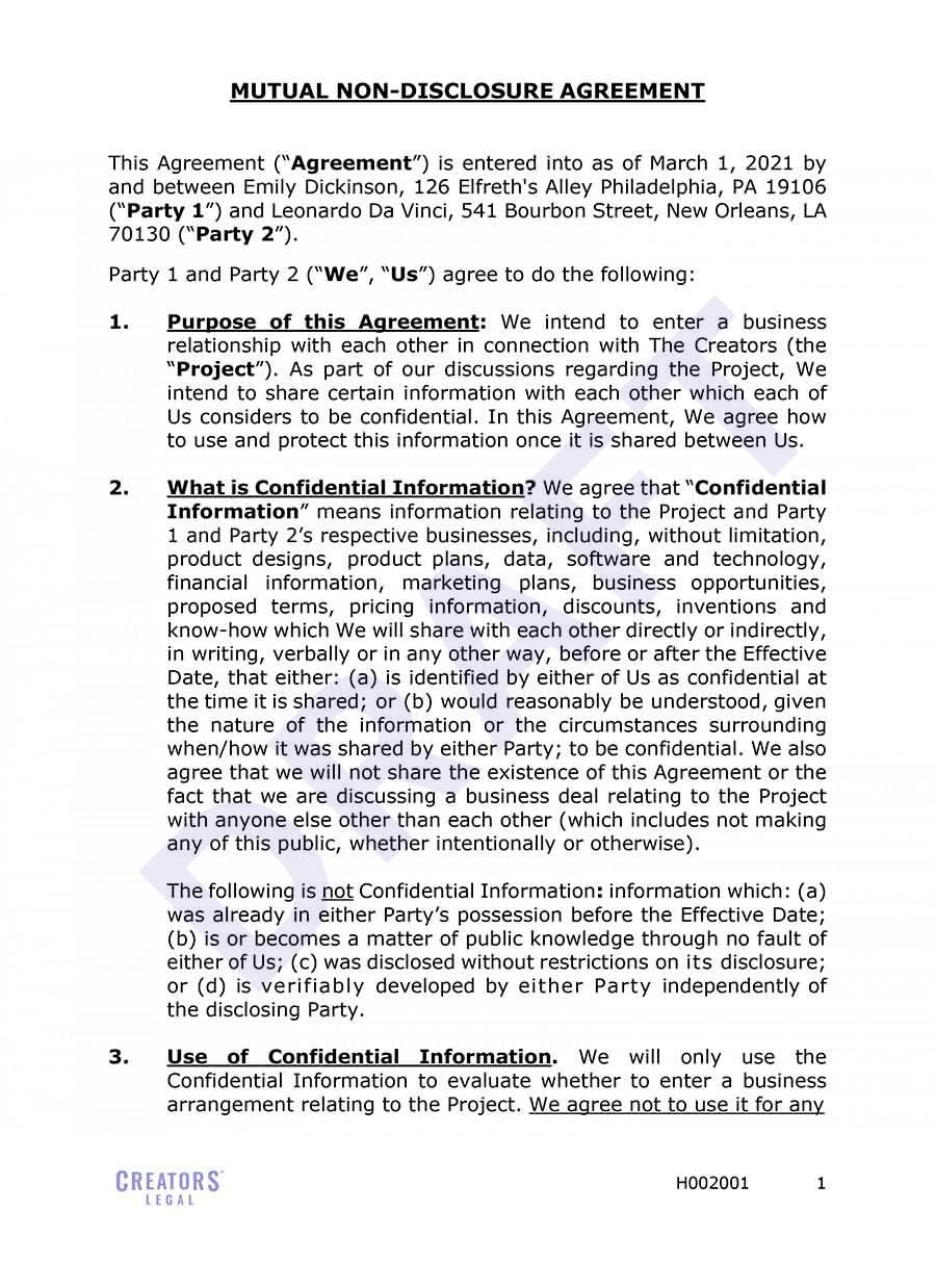 Mutual Non Disclosure Agreement Creators Legal